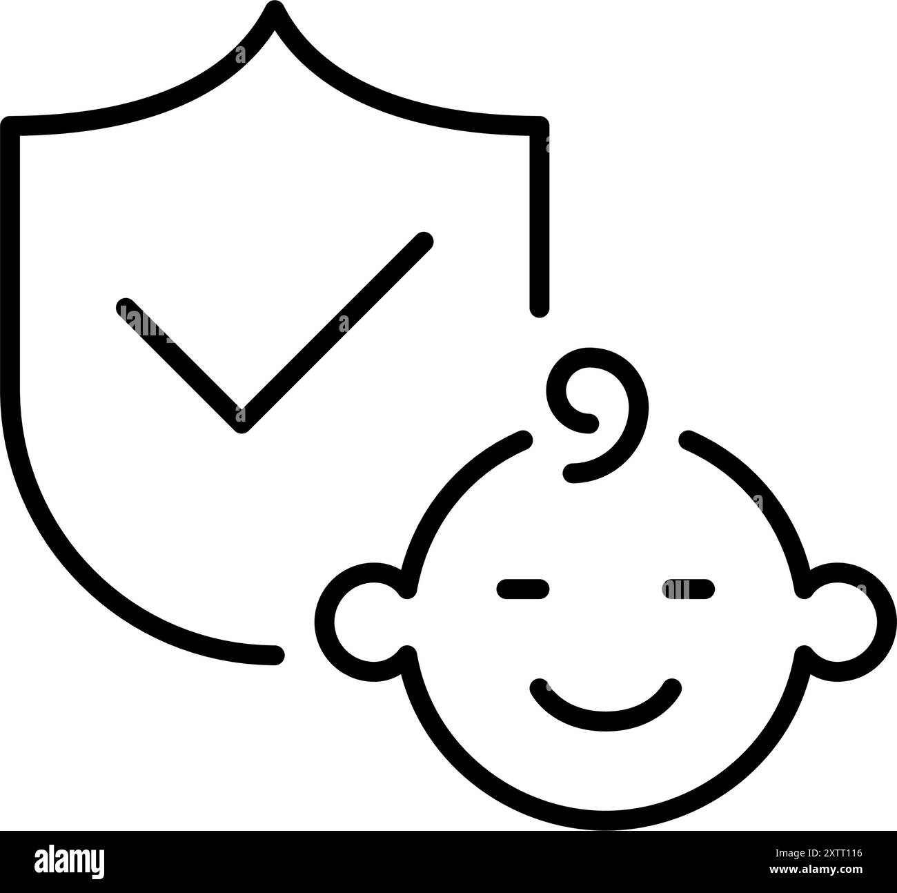 Security shield with checkmark and smiling baby face. Infant-friendly ...
