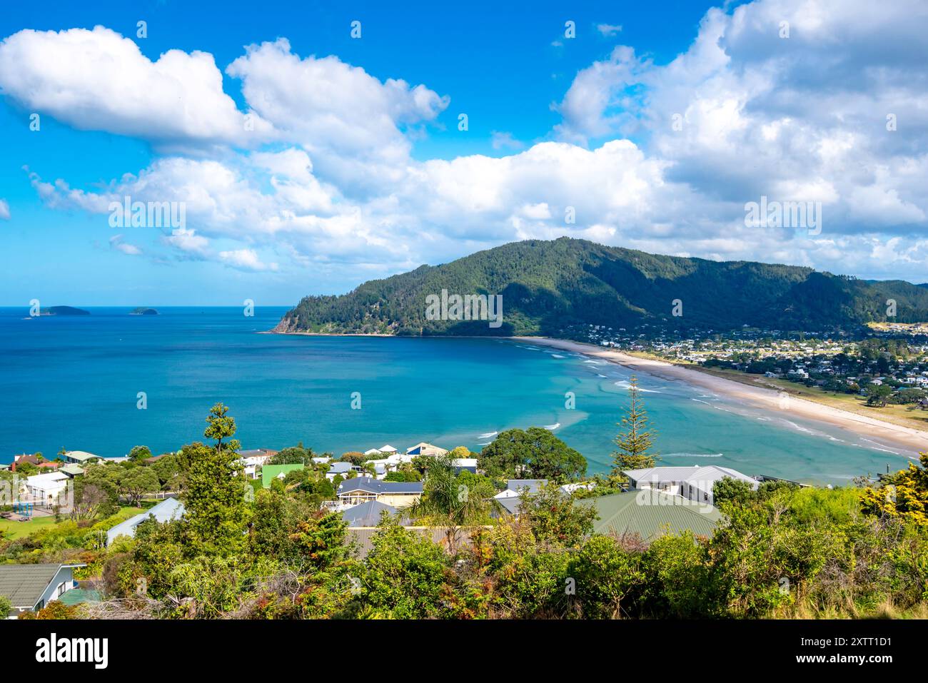The view of the coastal village of Pauanui from the top of Mount Paku ...