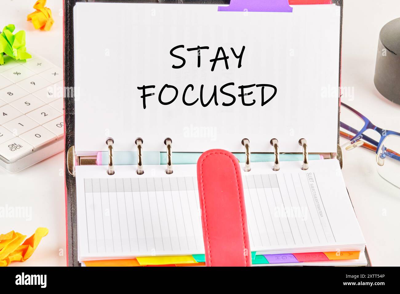 STAY FOCUSED text in an open notebook on a white background Stock Photo ...