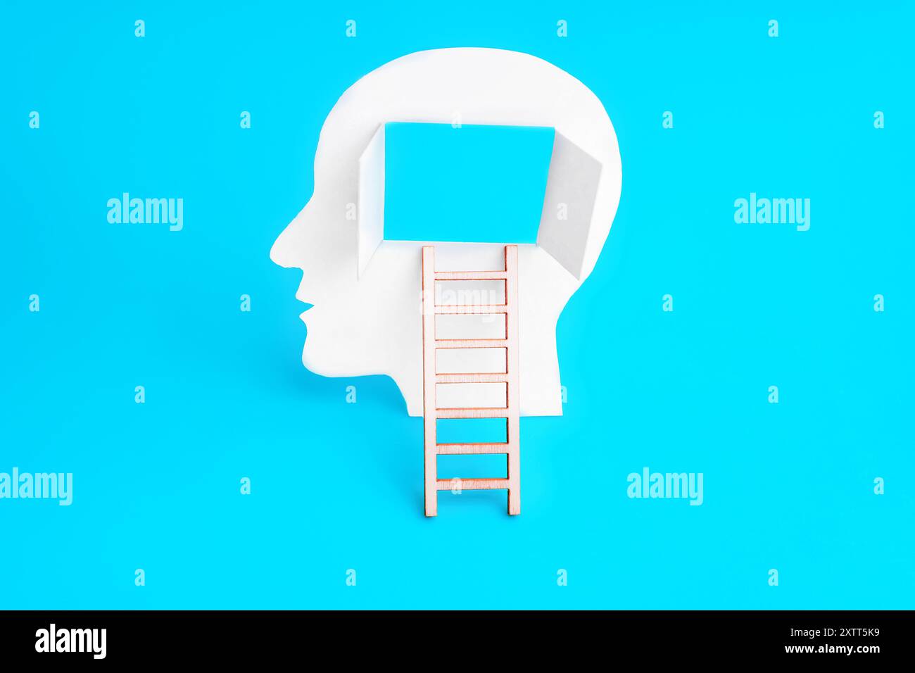 Human brain paper cutout on blue with a ladder leading to an open ...