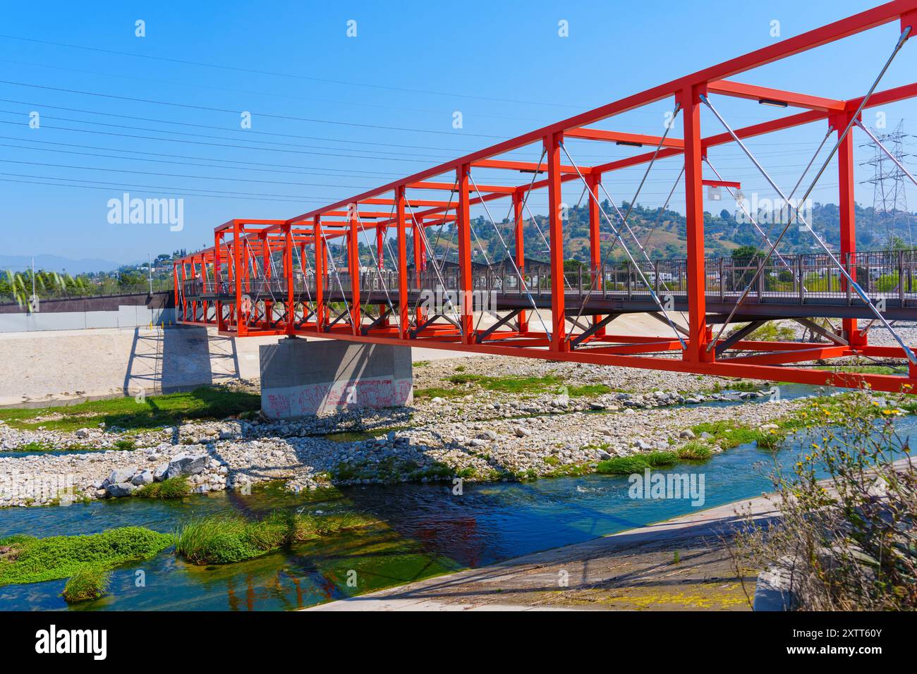 Los Angeles, California - April 21, 2024: Bright red pedestrian bridge ...