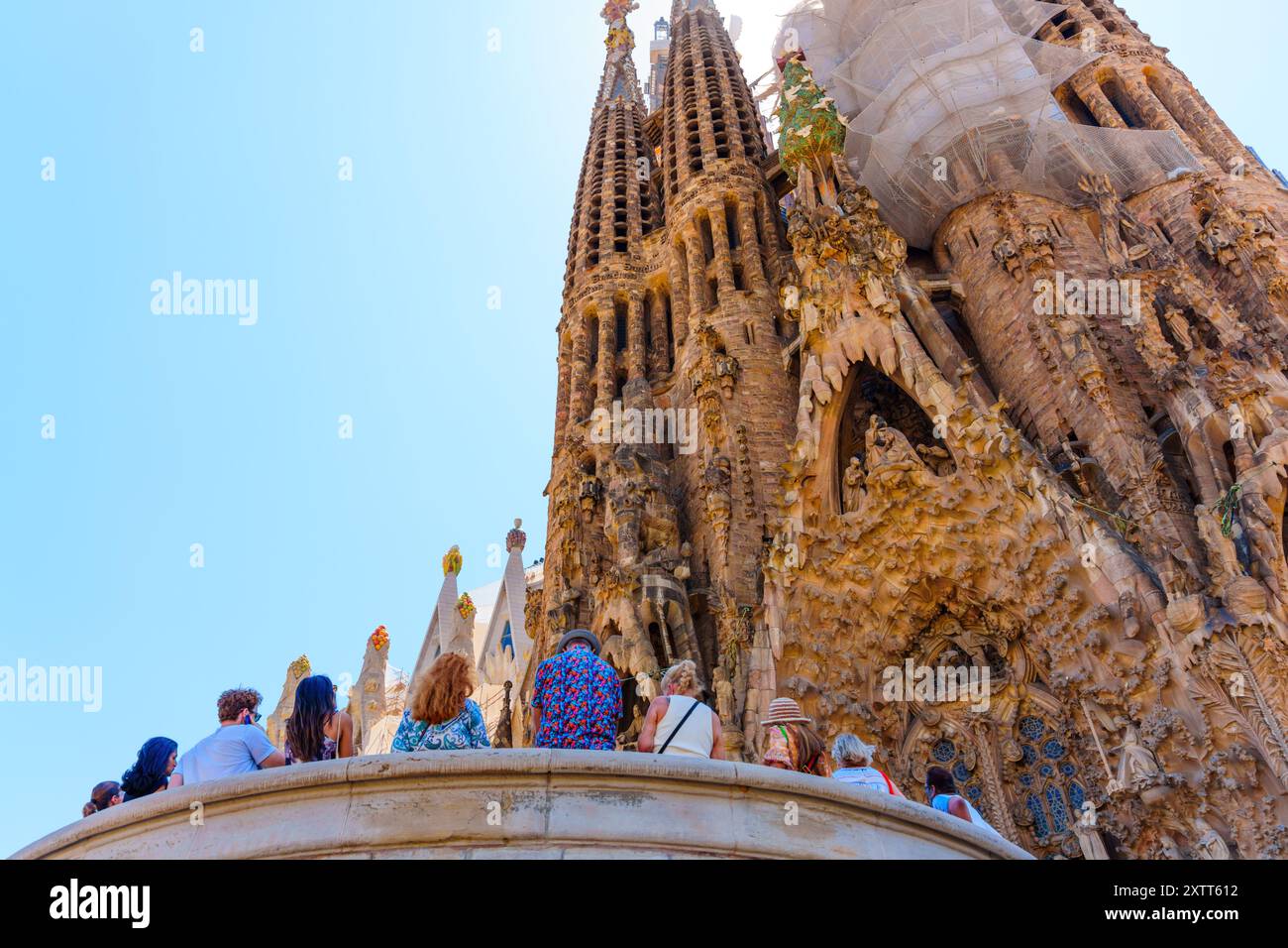 Barcelona, Spain - July 11, 2024: View from below of Sagrada Familia ...
