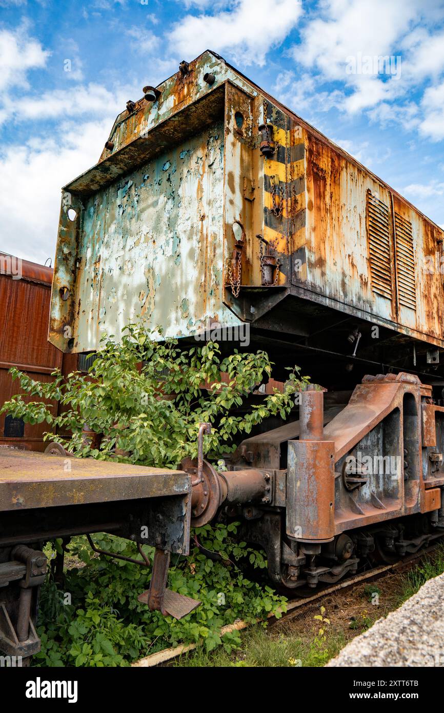 Details of an old rusty steam train surrounded by greenery in a ...