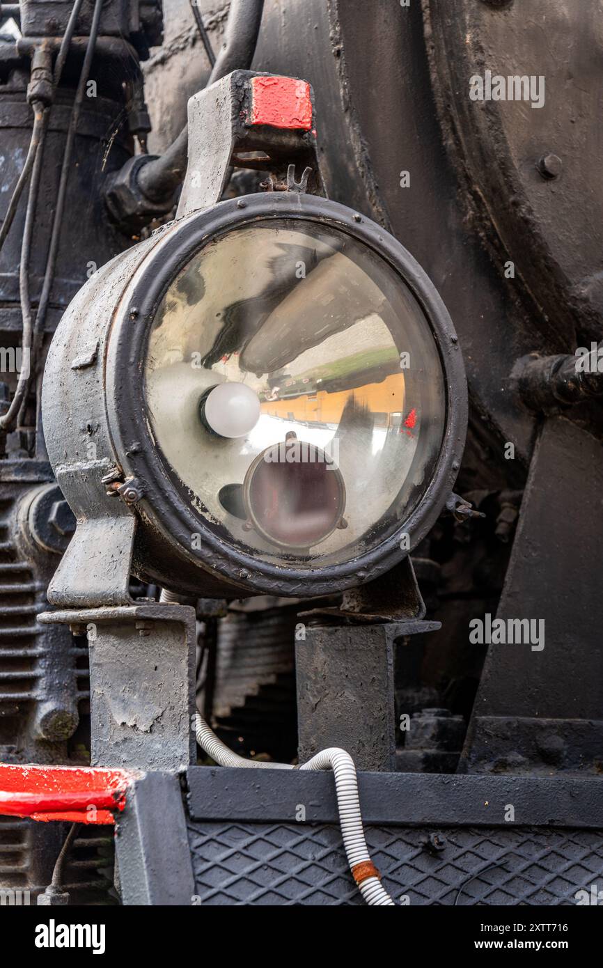 Detailed view of an old rusty steam train headlamp vintage technology ...