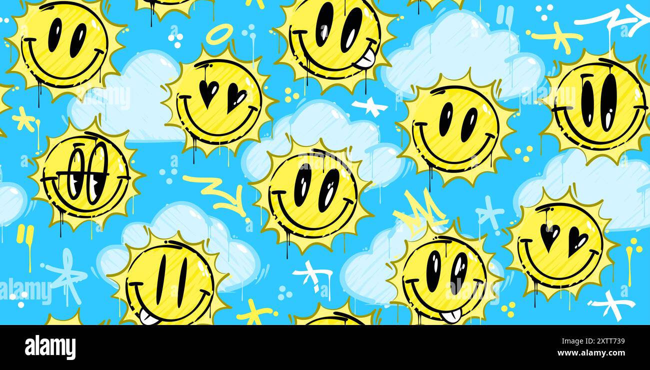 Abstract Graffiti Style Happy Smiling Suns On the Sky With Some Clouds ...