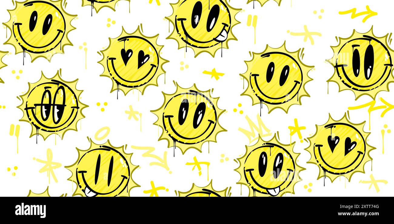 Cool Trendy Abstract Graffiti Style Happy Smiling Suns On the Sky ...