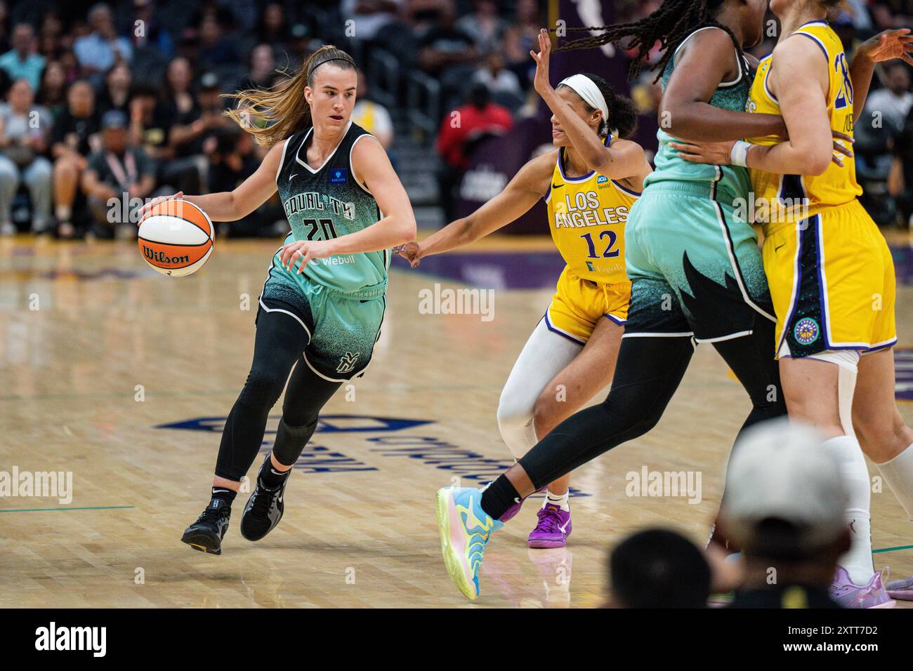 New York Liberty guard Sabrina Ionescu (20) drives against Los Angeles ...