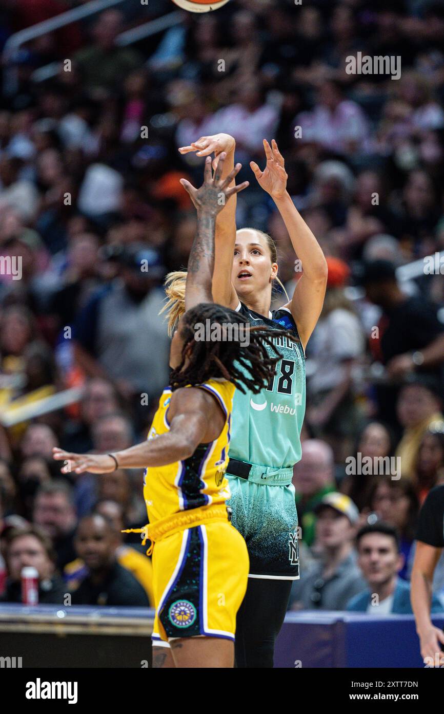 New York Liberty guard Ivana Dojkic (18) shoots over Los Angeles Sparks ...