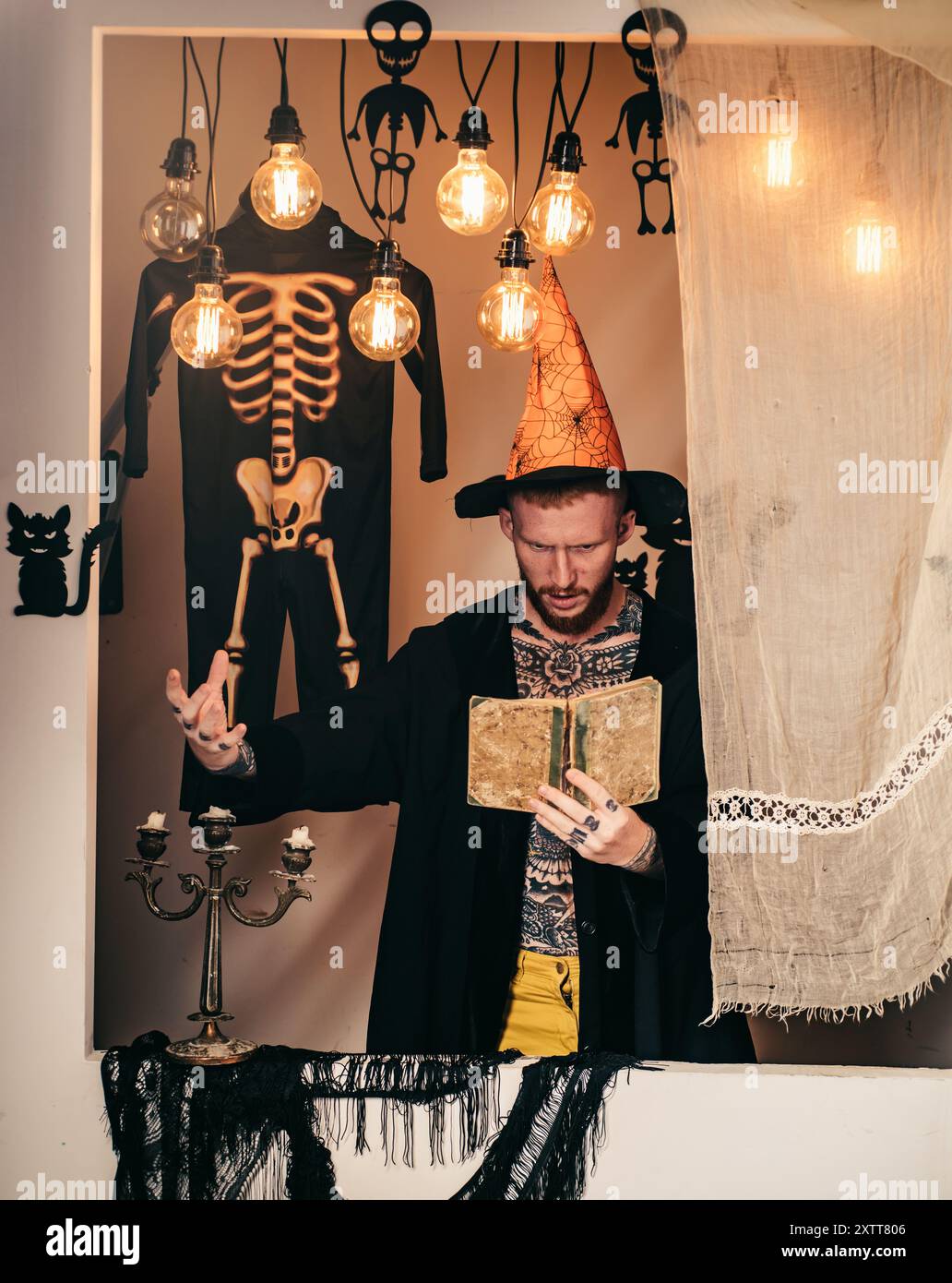 Funny wise wizard on a Halloween background. Scary face man with horror ...