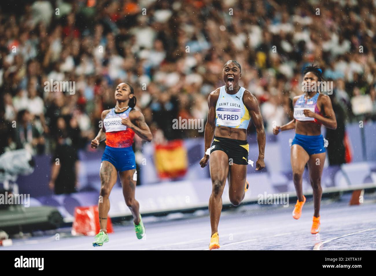 Julien Alfred winning in the 100 meters at the Paris 2024 Olympic Games ...