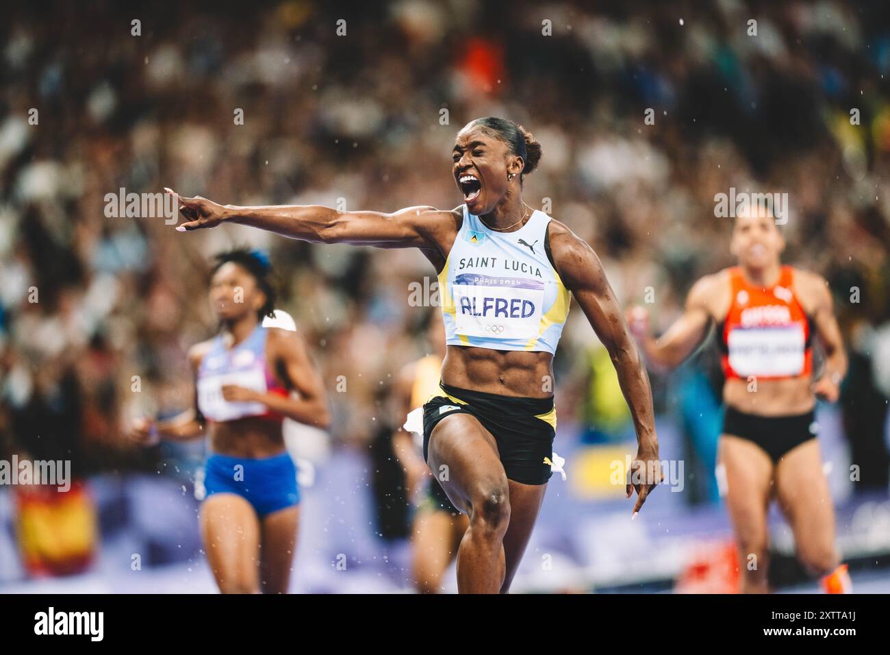 Julien Alfred winning in the 100 meters at the Paris 2024 Olympic Games ...