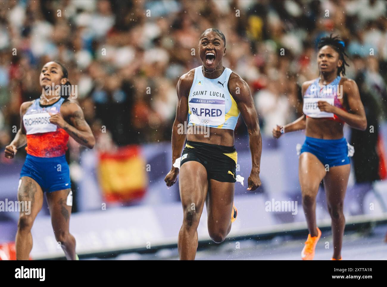Julien Alfred winning in the 100 meters at the Paris 2024 Olympic Games ...