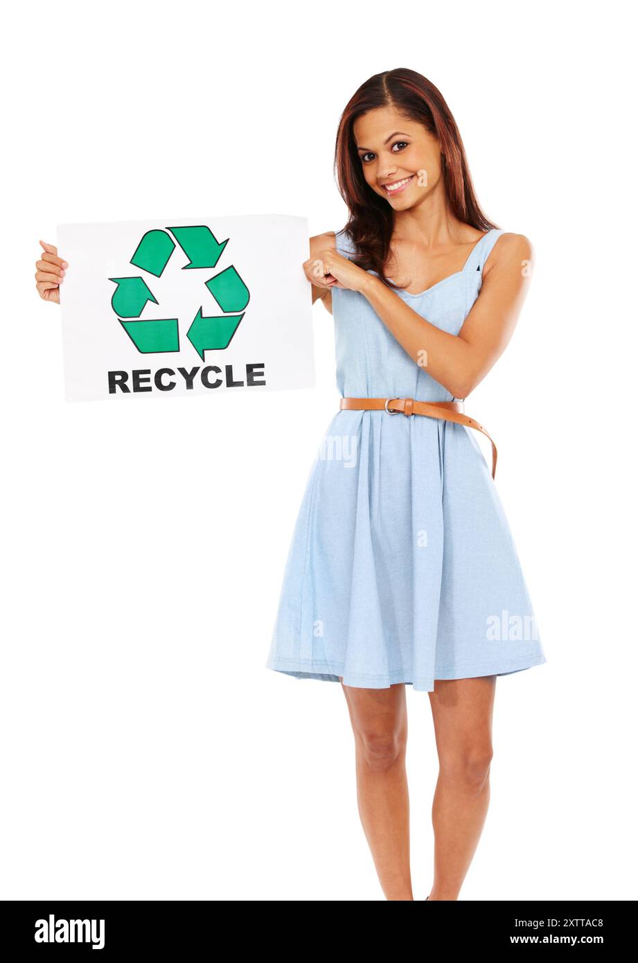 Happy woman, portrait and recycle with poster for waste management or ...
