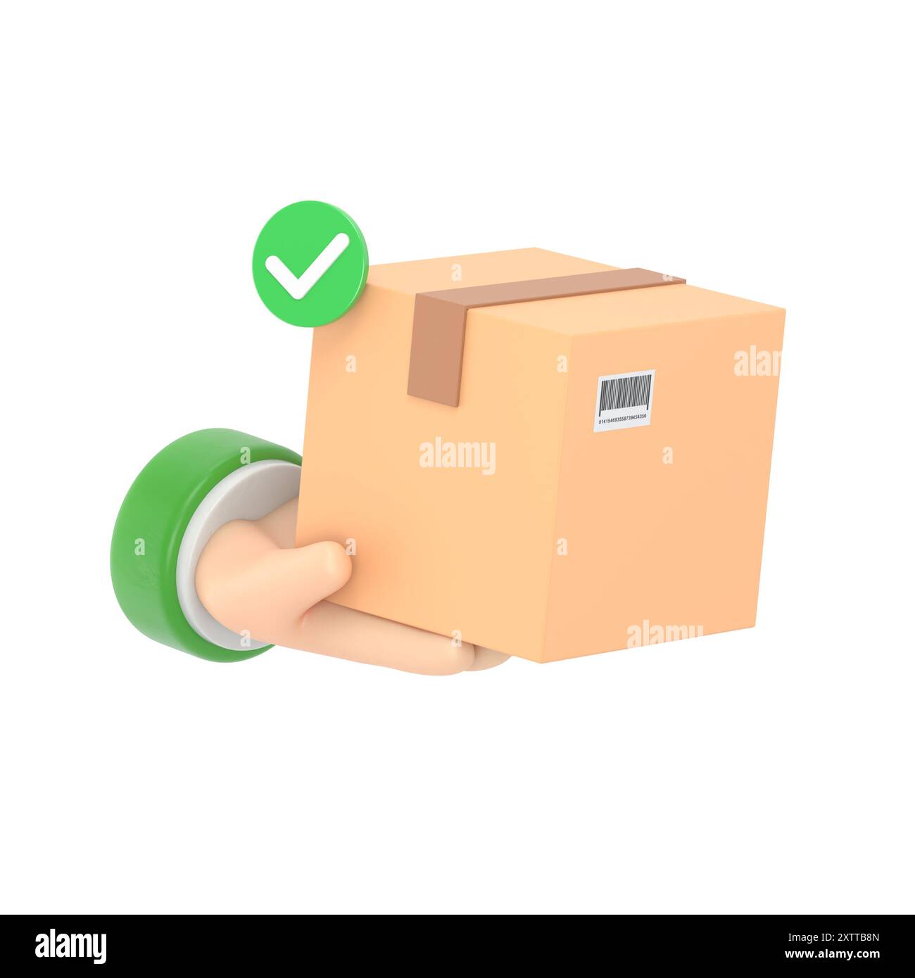 3D Hand holding parcel with check mark. Delivery of order in cardboard ...