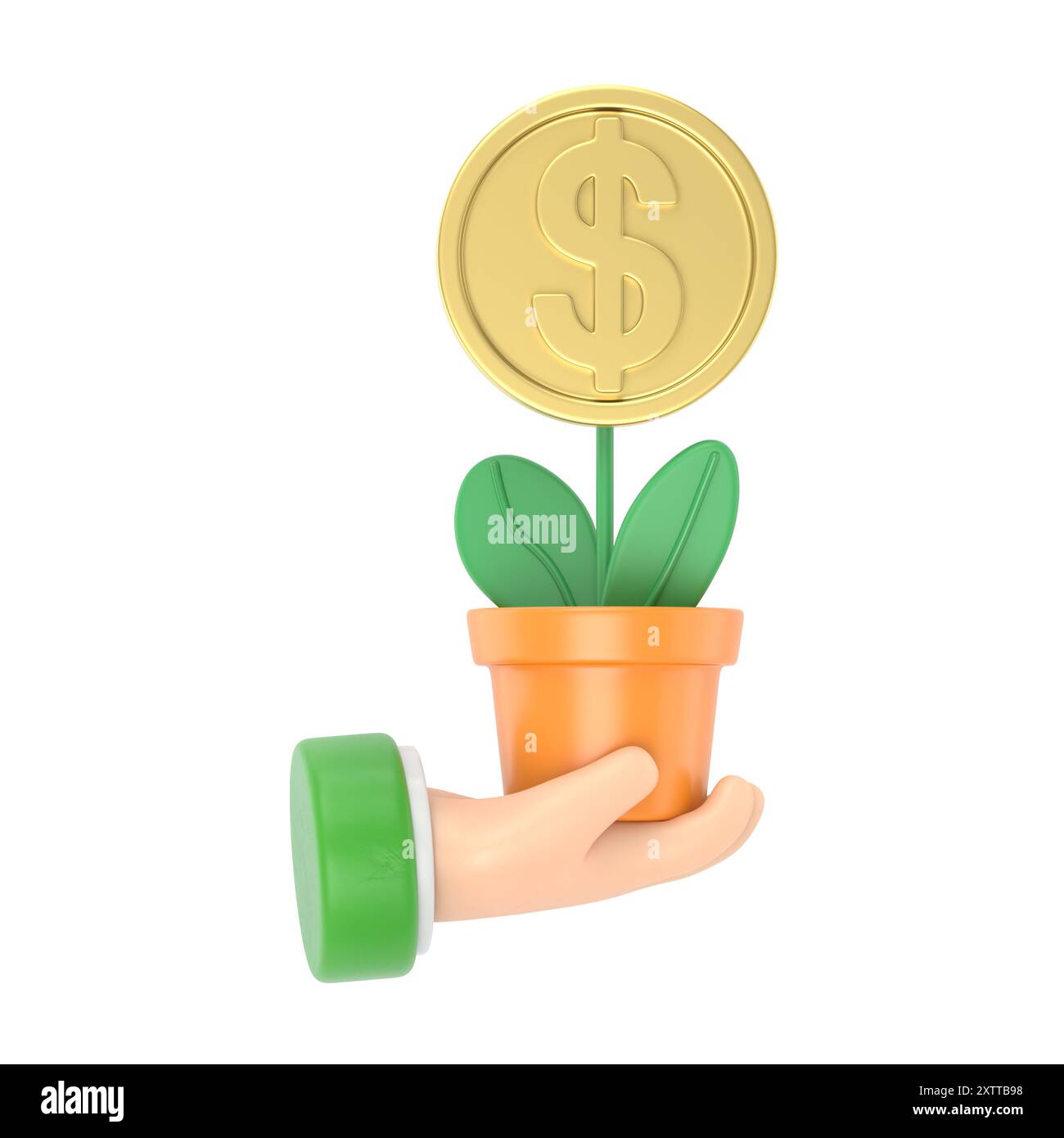 3d pot of plant with gold coin flower in hand on white background ...