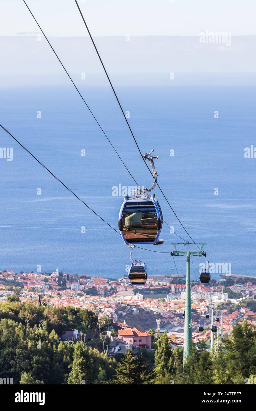 Cable cars seen transitting between Monte which overlooks Funchal and ...
