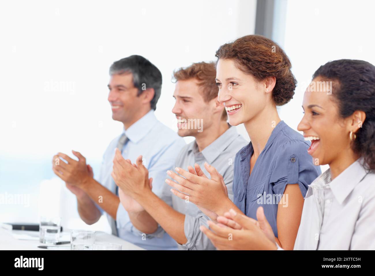 Employees, people and happy in office with applause for successful ...