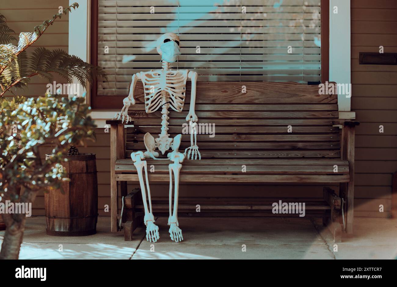 Human skeleton with mask, coronavirus, for Helloween. Helloween house ...