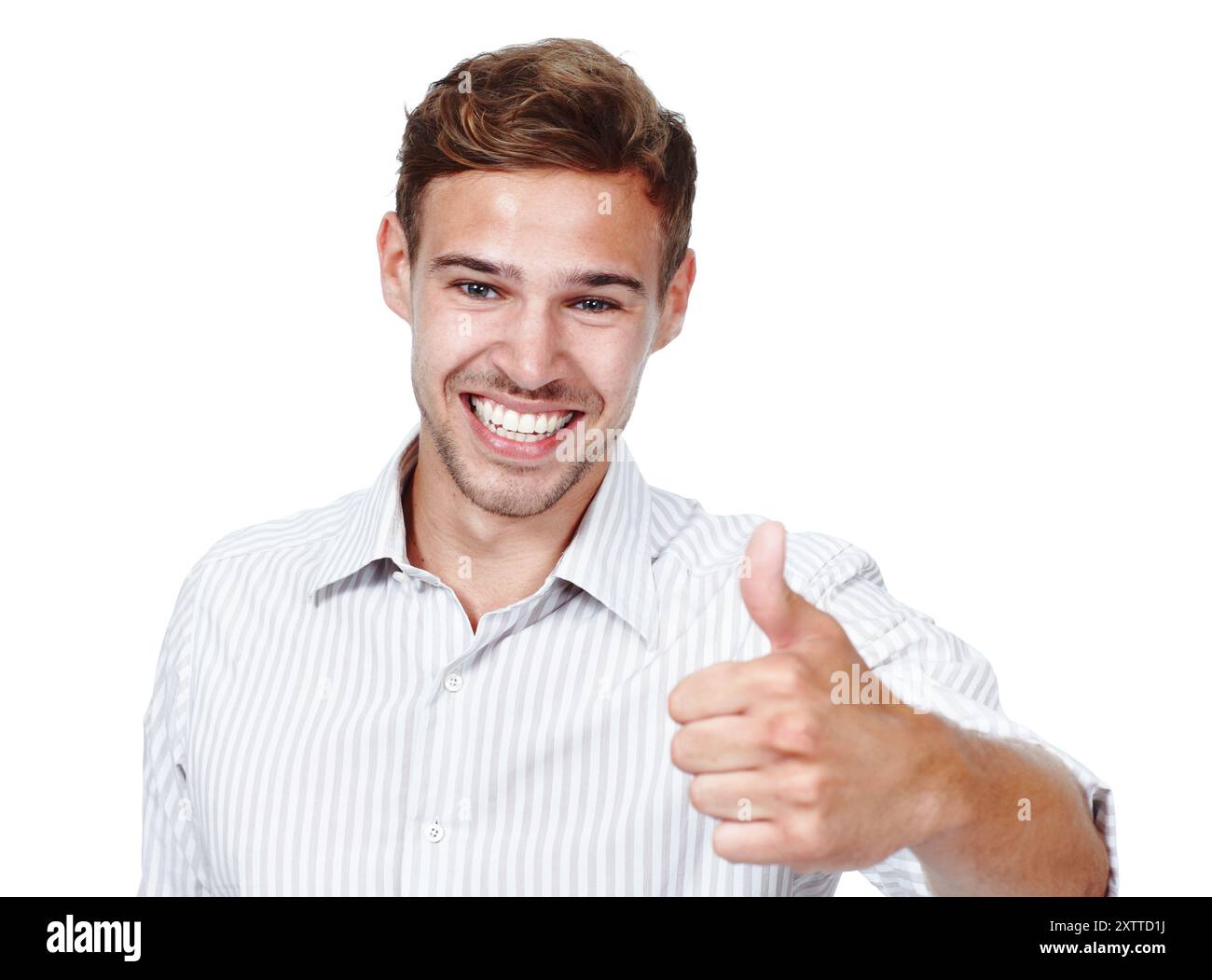 Happy man, thumbs up and studio portrait for news, agreement and yes ...