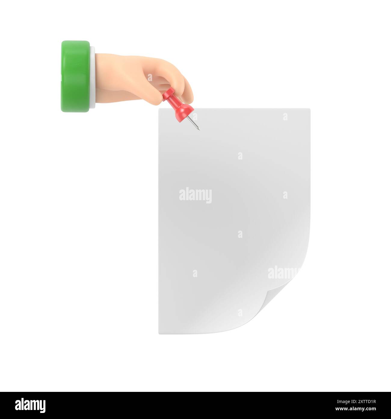 Paper push pins. Thumbtack in hand man. Empty white sheet. 3D ...