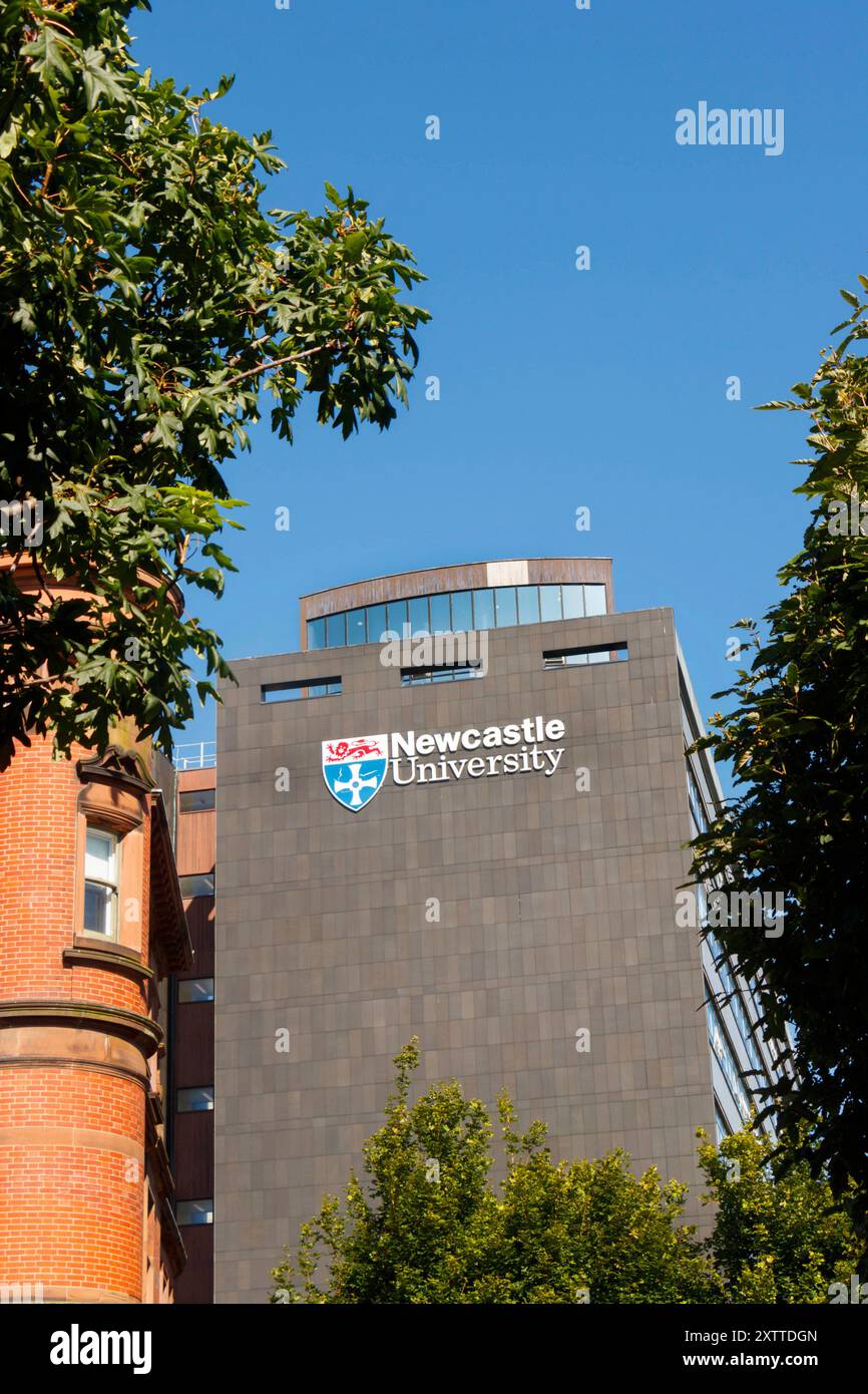 Newcastle University building with a clear blue sky and surrounding ...