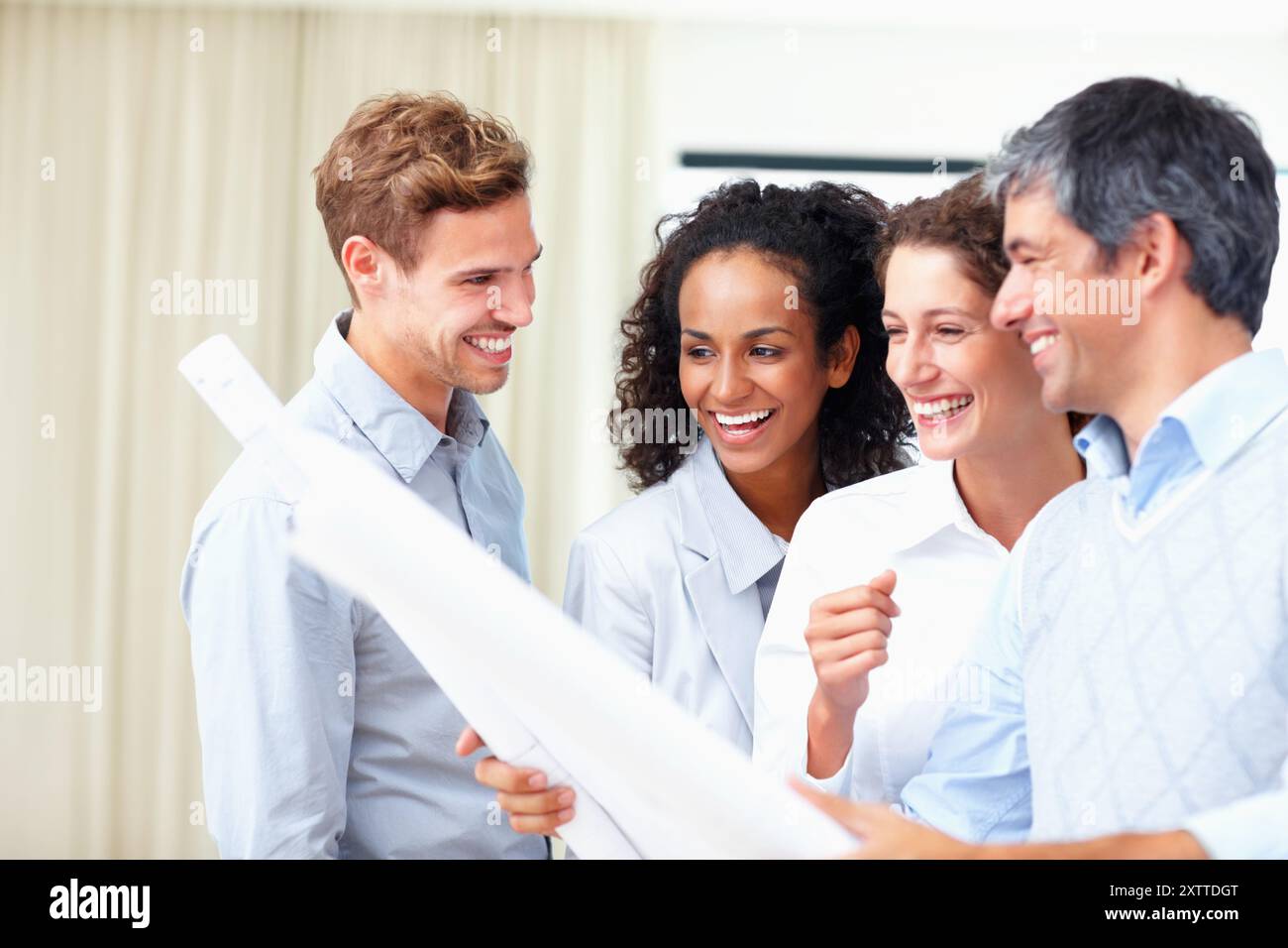 Architect, teamwork and business people with blueprint, feedback and ...