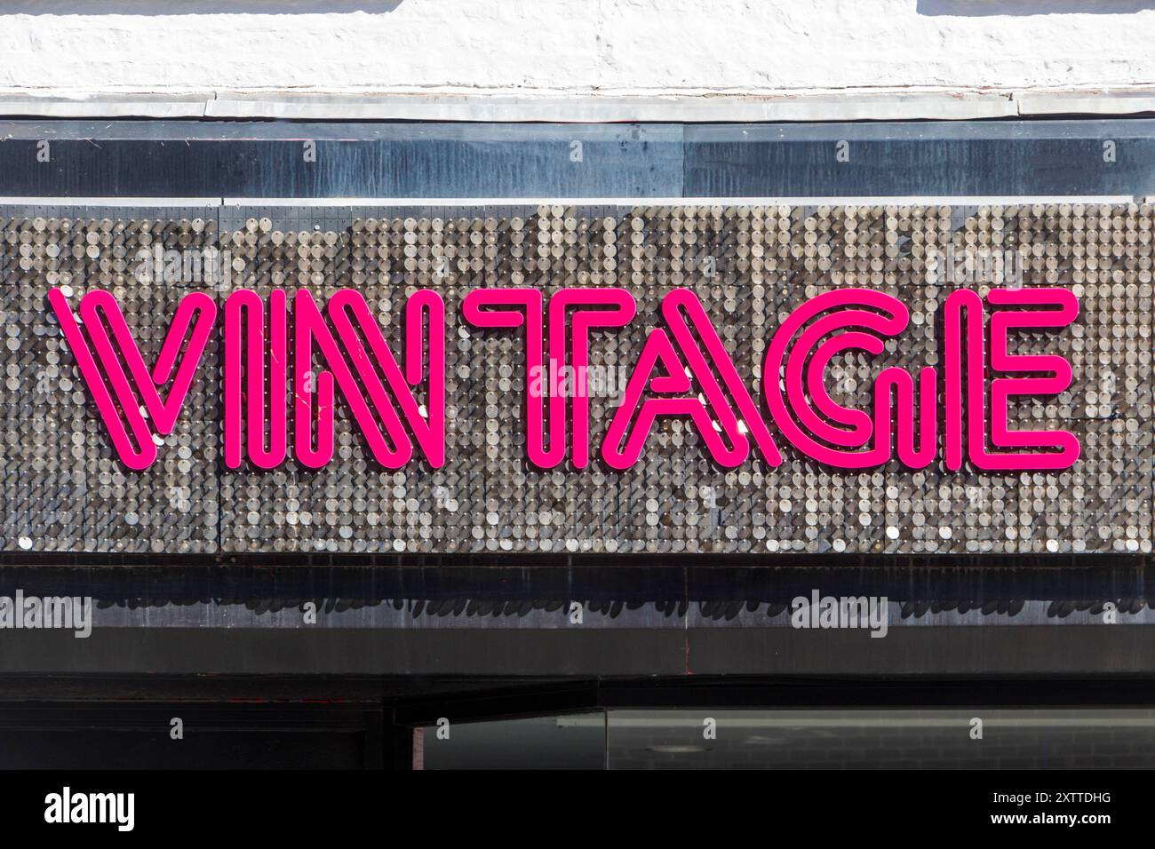 1970s pink lettering typeface on sign on vintage shop in ridley place ...