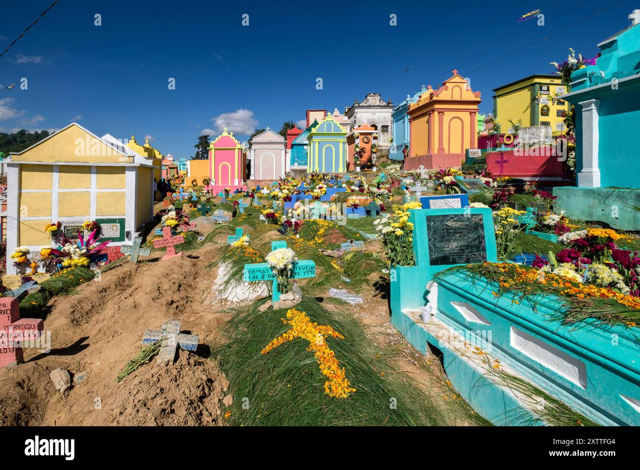 Freshly painted colorful graves, Day of the Dead celebration at the ...