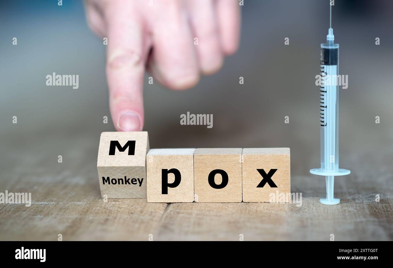 Cubes form the expression Mpox or Monkeypox next to a syringe. Symbol ...
