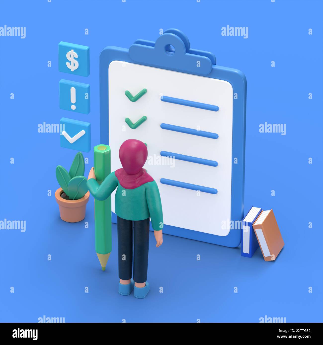 Isometric 3D illustration of smiling Arab woman Ghaliyah with checklist ...