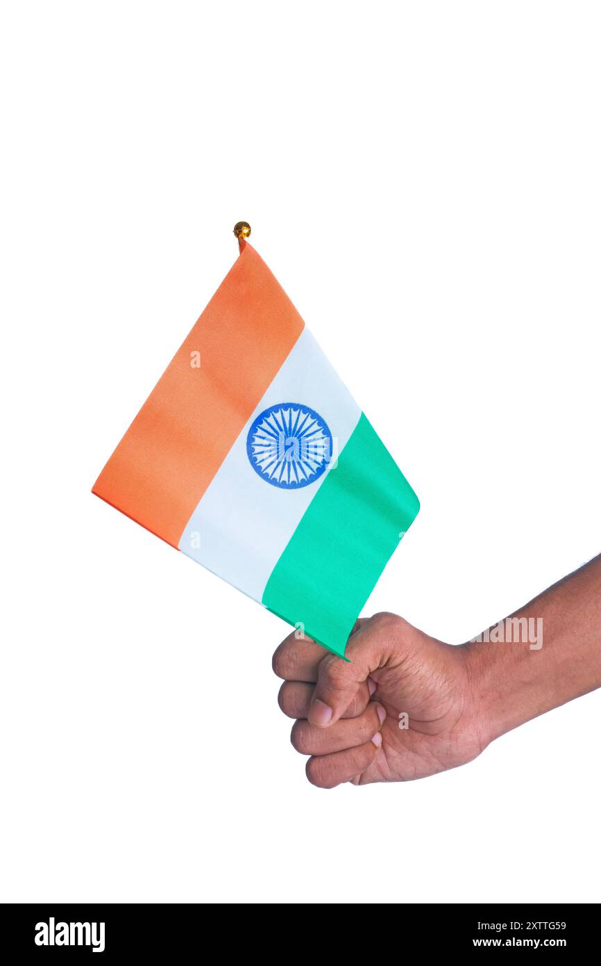 Closeup shot of hand holding Indian flag on white background. clipping ...