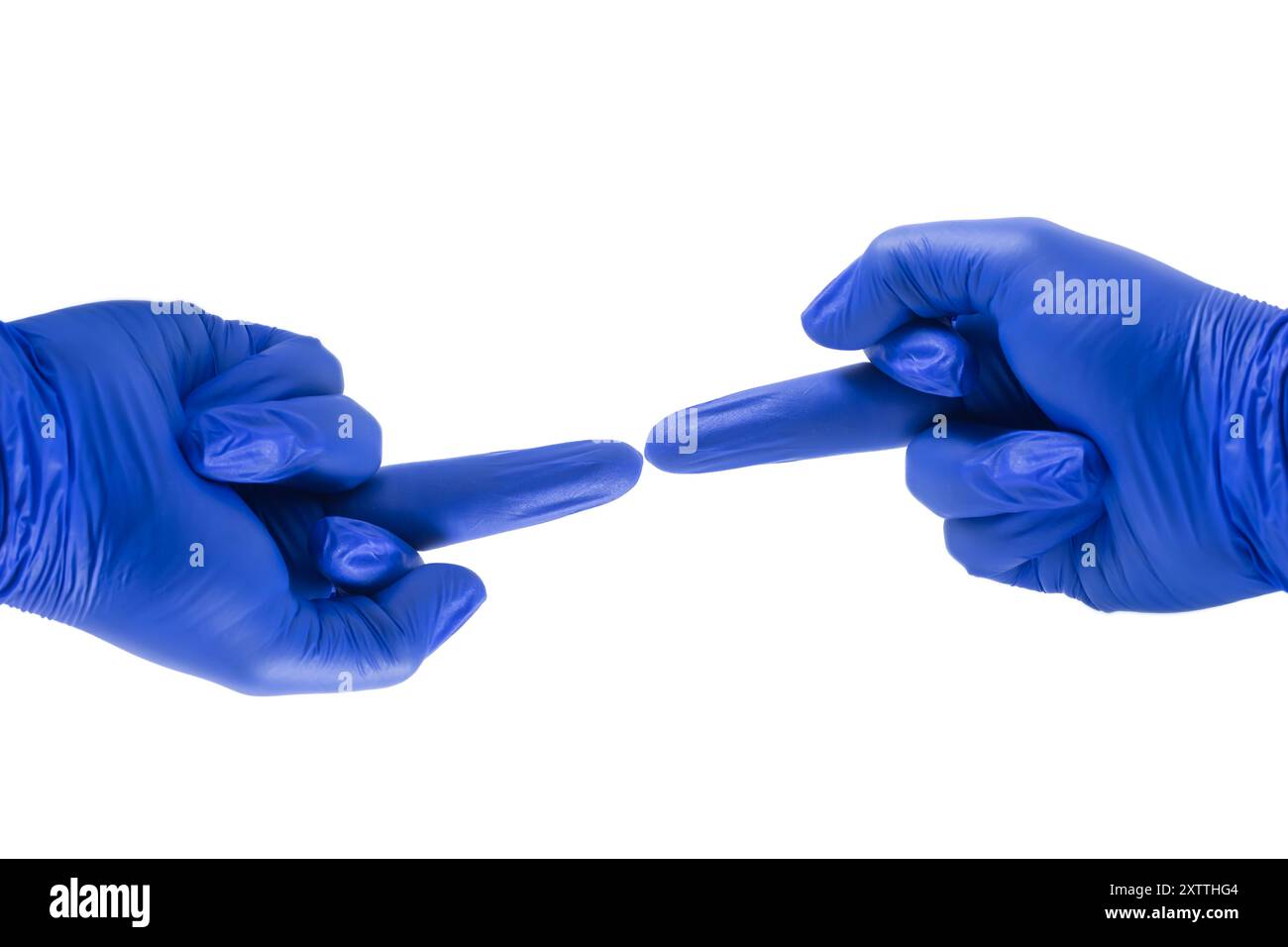Two blue gloved hands pointing to each other with middle finger on ...