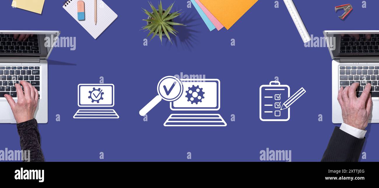 Top view of hands using laptop with symbol of software testing concept ...