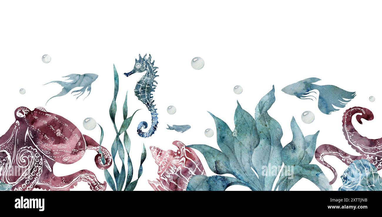 Watercolor and ink hand drawn marine life, sea ocean underwater ...