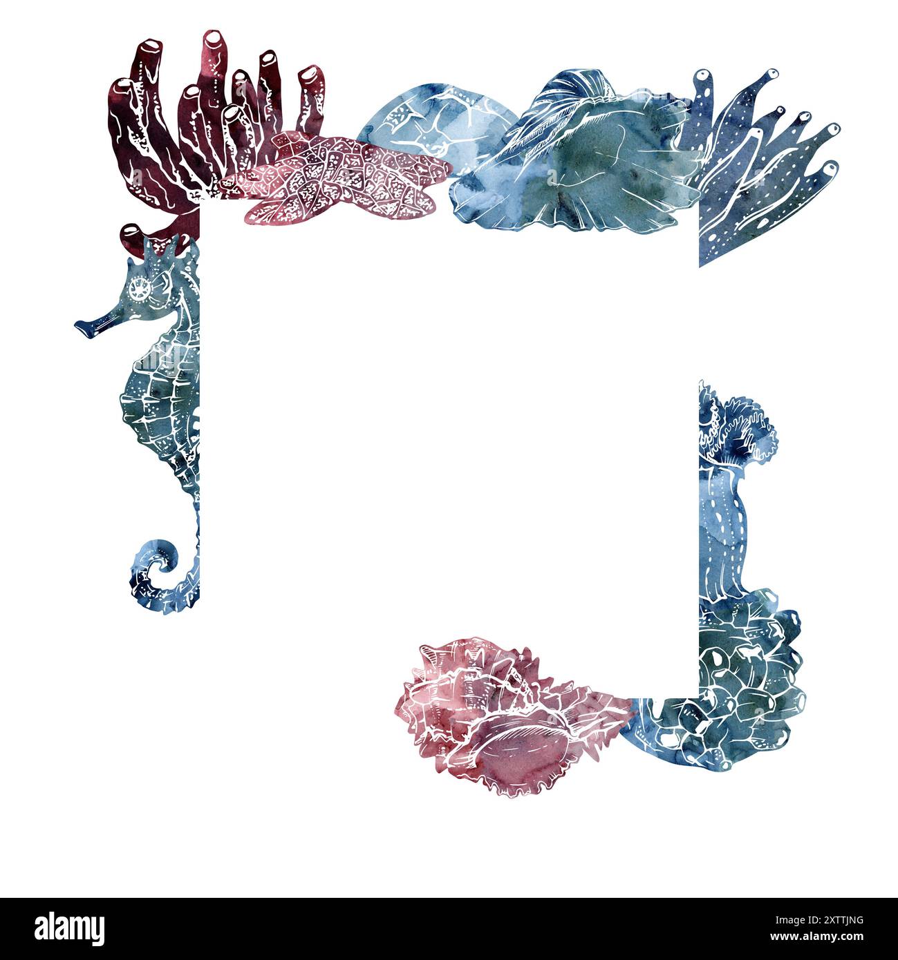 Watercolor and ink hand drawn marine life, sea ocean underwater ...