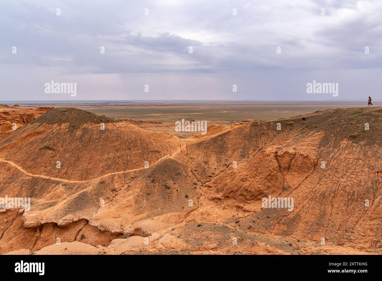 A woman looks out over the expanse of Mongolia's Flaming Cliffs in the ...