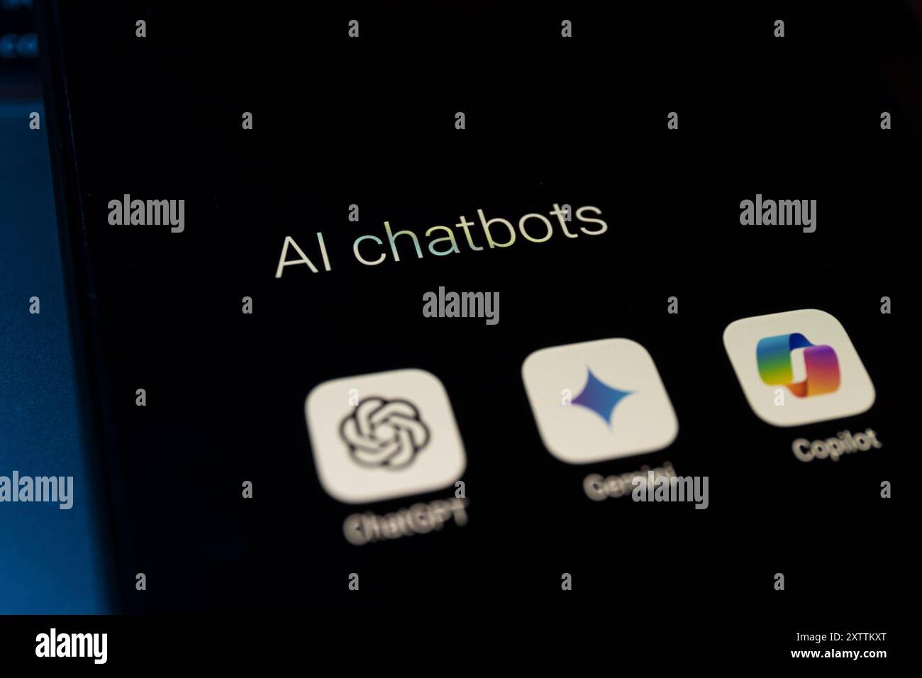 Artificial intelligence assistant language models on smartphone screen. ChatGPT, Gemini and ...
