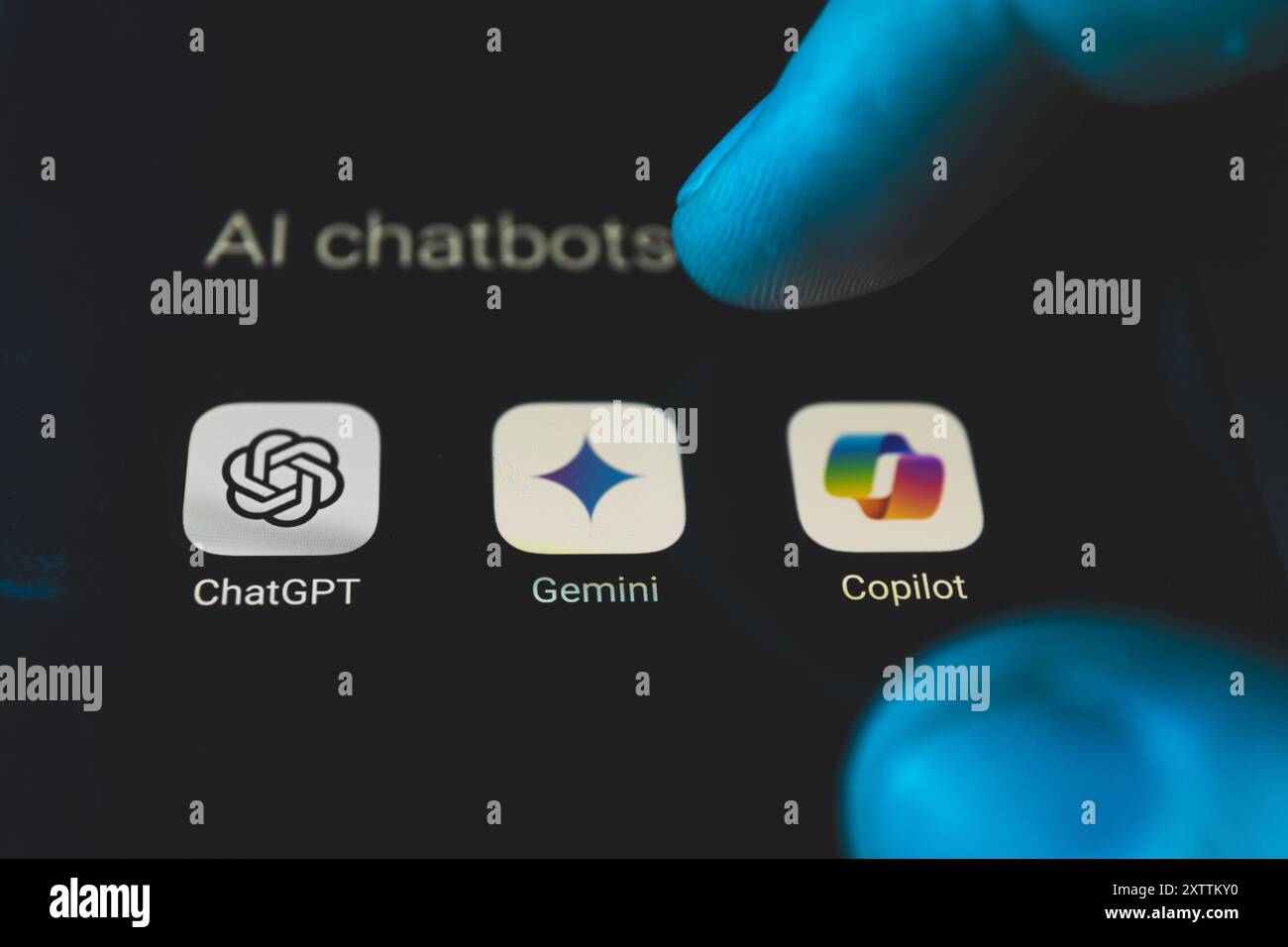 Artificial intelligence assistant language models on smartphone screen. ChatGPT, Gemini and ...