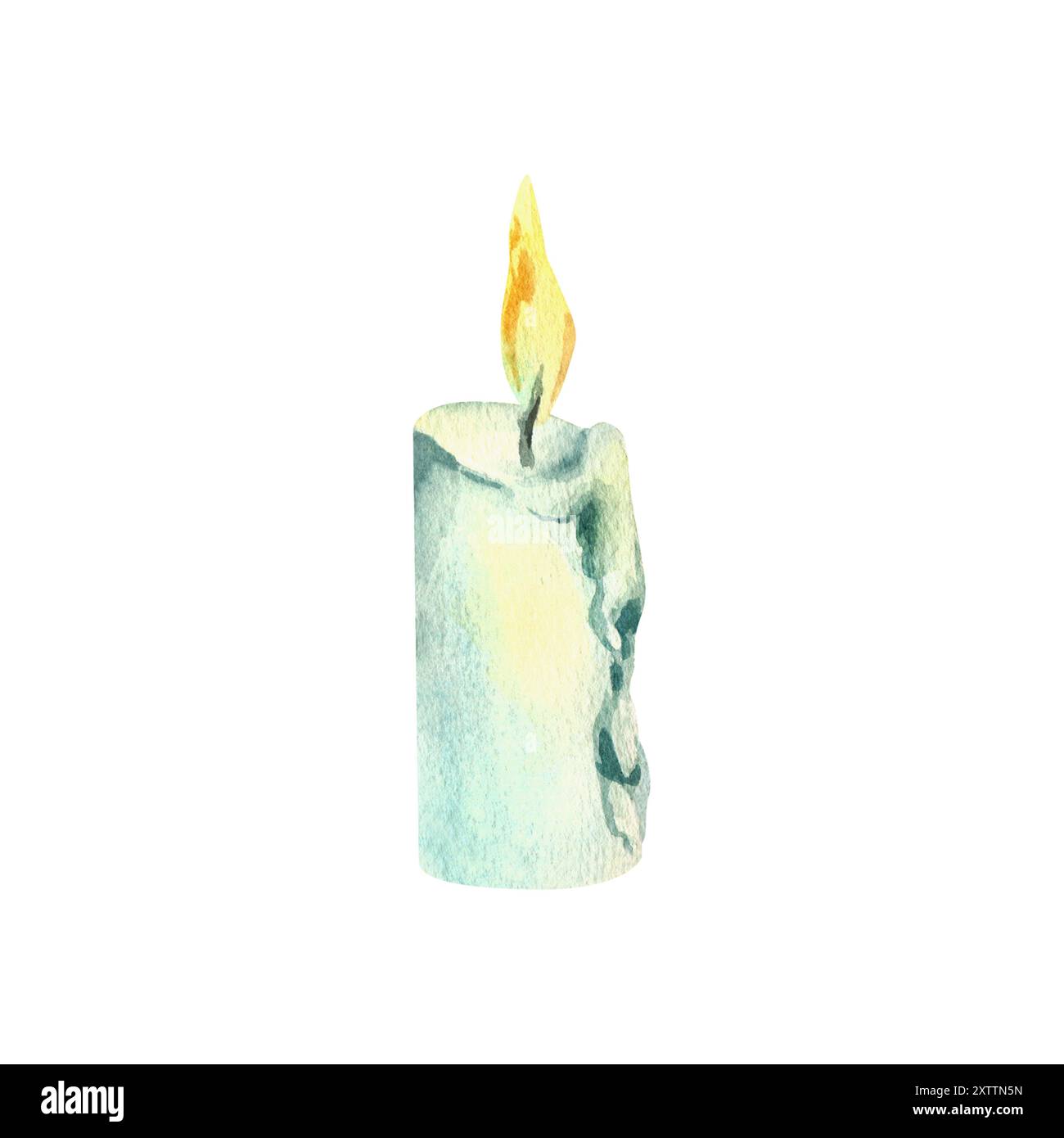 Wax candle white, beige, blue tall with wax drips and burning flame ...