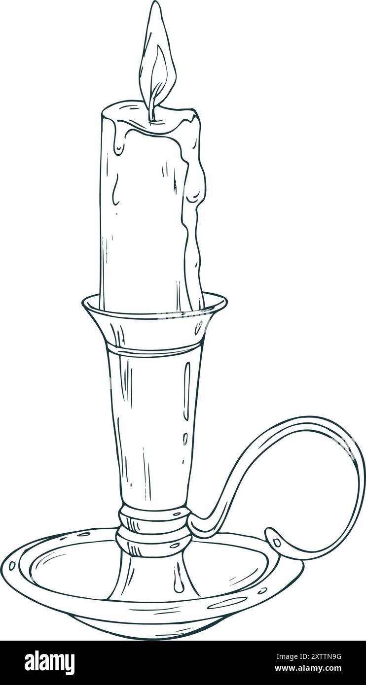 Candlestick with handle with burning candle with wax drips, antique ...