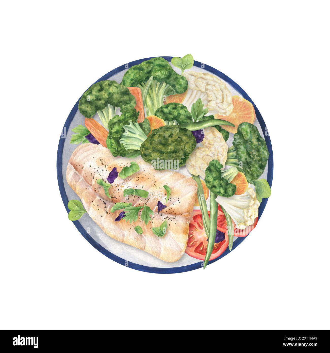 Steamed Fish with colorful fresh vegetables, leafy greens. Healthy dish ...