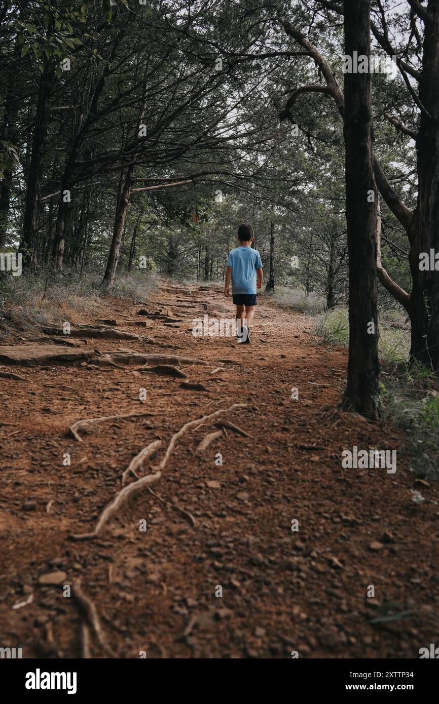Boy hiking a wooded trail Stock Photo - Alamy