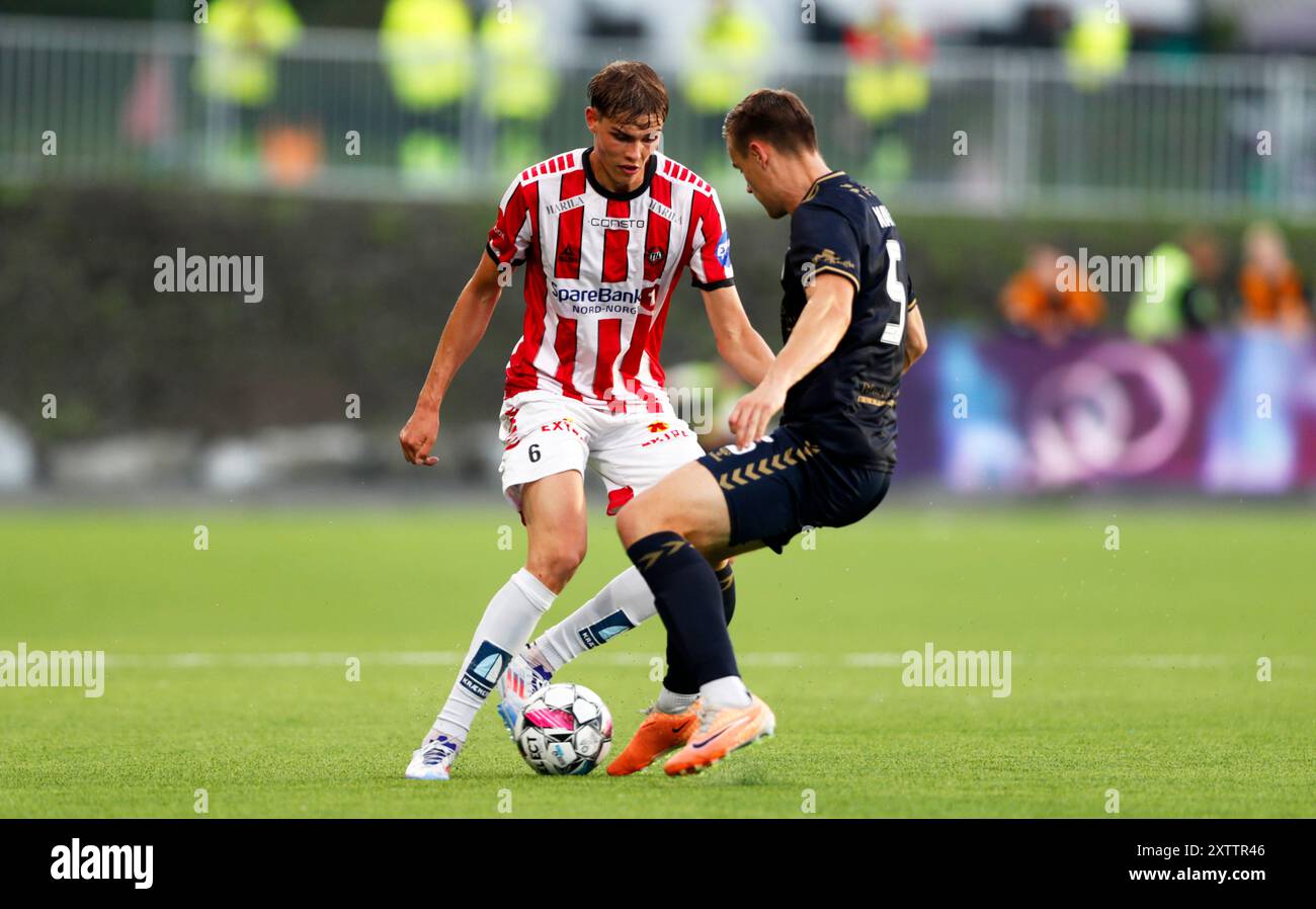 Tromso 20240815. Tromso's Jens Hjertø-Dahl and Kilmarnock's Lewis Mayo ...