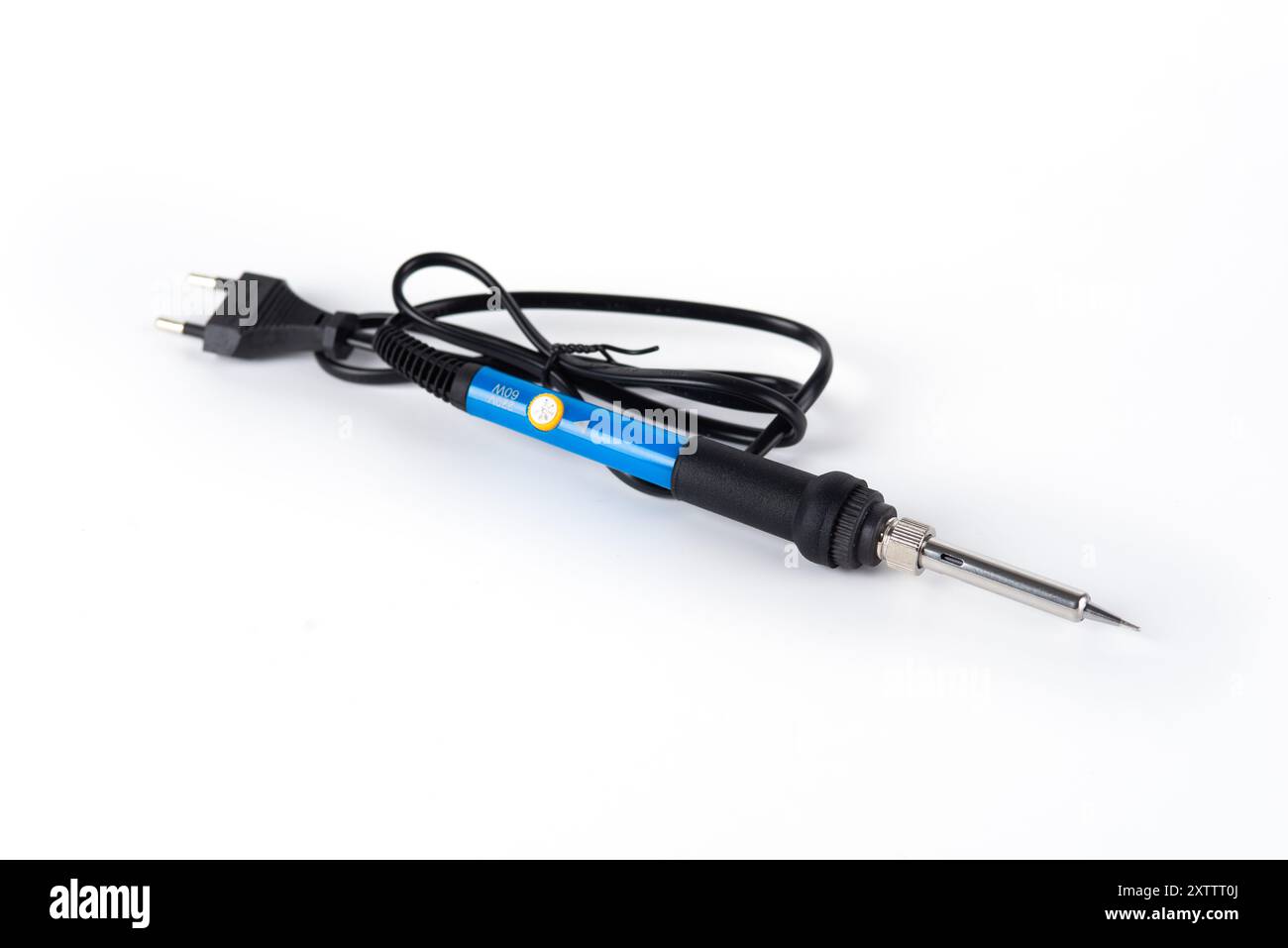 Hand tool soldering iron with the blue handle isolated on a white ...