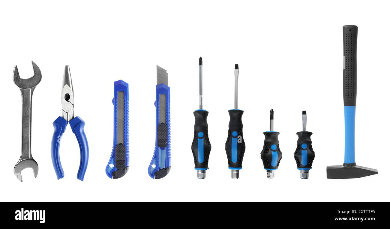 Set of different construction tools on white background Stock Photo - Alamy