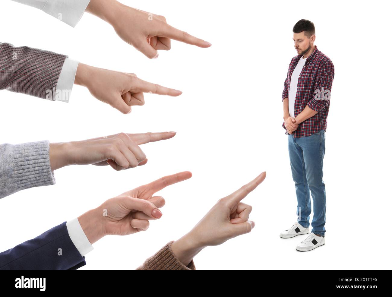 Women pointing at man on white background. Social pressure ...