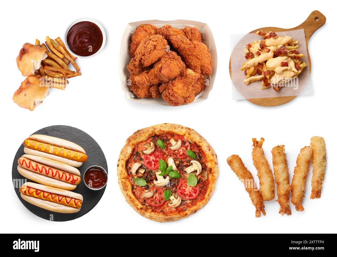 Collage with different tasty fast food on white background, top view ...