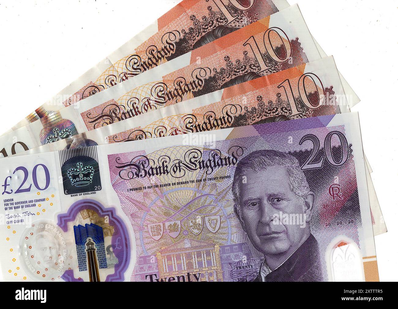 A modern King Charles III £20 banknote and other notes from the United ...
