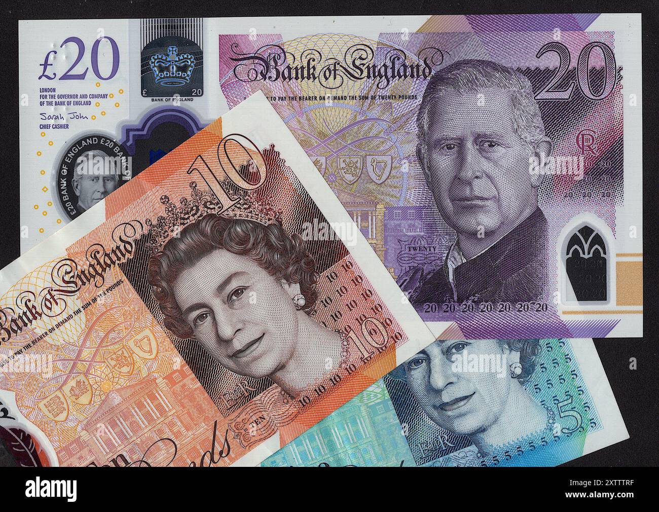 A modern King Charles III £20 banknote and other notes from the United ...