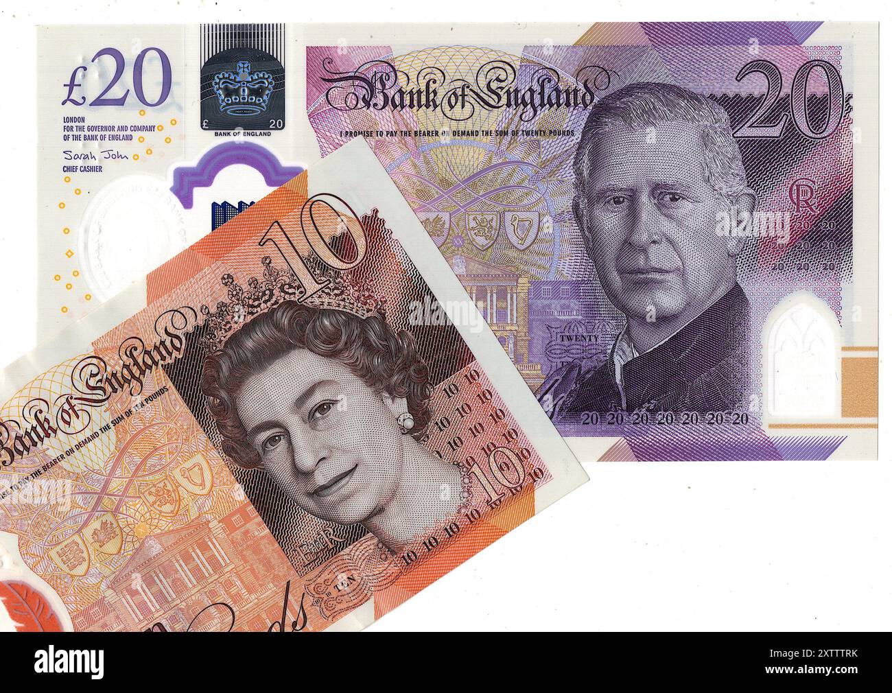 A modern King Charles III £20 banknote and a ten pound banknote from ...